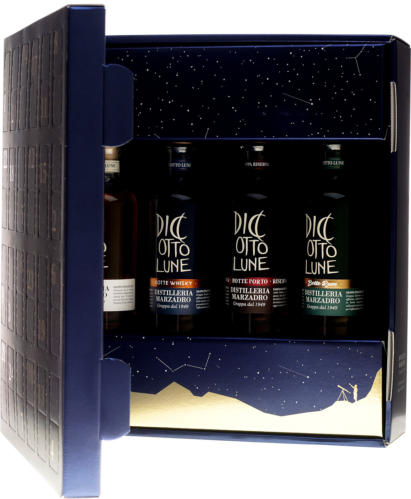 Marzadro Adventskalender Grappa Diciotto Lune und Schok